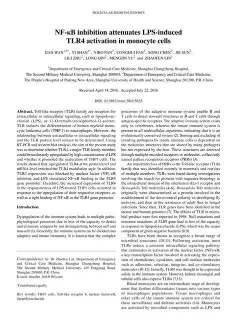 Pdf Nfb Inhibition Attenuates Lps Induced Tlr4 Activation In Monocyte
