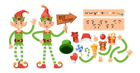 Elfo navideño de dibujos animados vestido con atuendo festivo con orejas puntiagudas y una