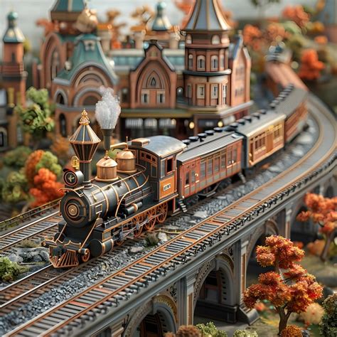 A 3d Detailed Miniature Model Train Is On A Track With A Building In