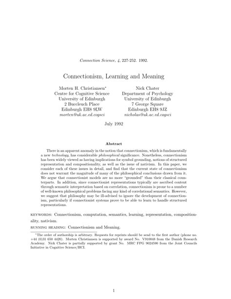 Pdf Connectionism Learning And Meaning