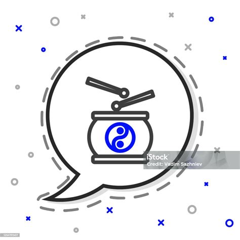 흰색 배경에 고립 된 라인 중국어 드럼 아이콘 전통적인 아시아 타악기 타이코 또는 오다이코 드럼 다채로운 개요 개념 벡터