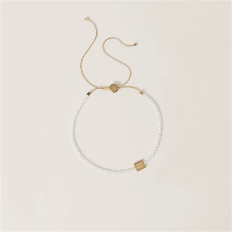 Miu Miu Metal Choker With Artificial Pearls Gold Cream Editorialist