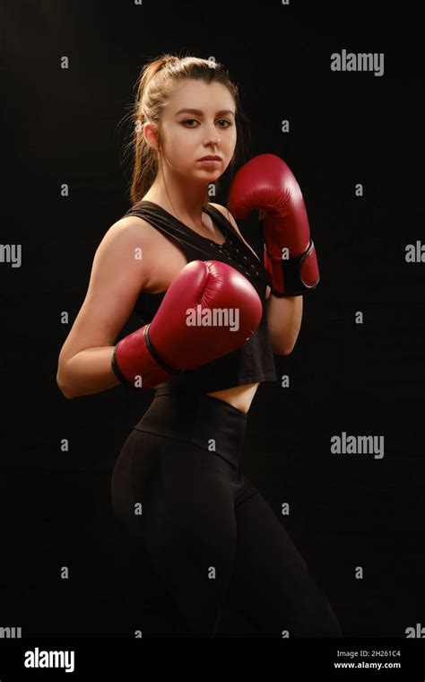 Muay Thai Female Boxer In Attack Pose Fitness Young Woman Boxing