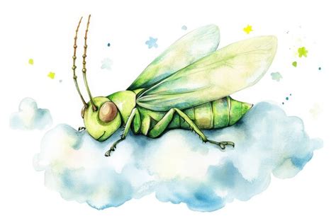 A Whimsical Watercolor Illustration Of A Cute Grasshopper With Wings
