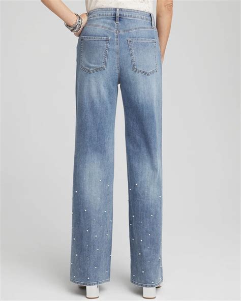 Pearl Embellished High Rise Wide Leg Jeans Chicos