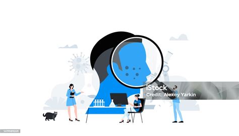 큰 질병 머리와 의학 연구 실험실 작업자 플랫 벡터 일러스트레이션 애니메이션 준비 듀익 친화적 인 걱정하는에 대한 스톡 벡터