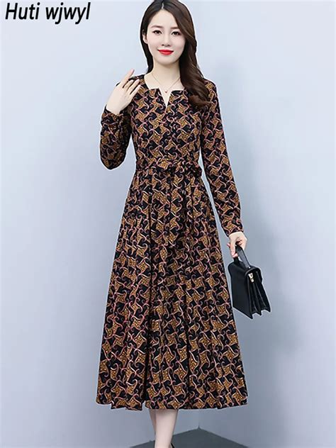 우아한 V 넥 빈티지 캐주얼 드레스 여성용 한국 스타일 2023 가을 겨울 신상품 우아한 바디콘 프린트 섹시한 미디 드레스 Aliexpress