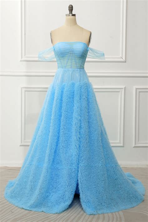 Zapakasa Women Blue Off The Shoulderprom Dress A Line Tiered Tulle