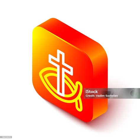 흰색 배경에 고립 된 등색 선 기독교 물고기 기호 아이콘 예수 물고기 기호 주황색 정사각형 버튼 벡터 3차원 형태에 대한 스톡 벡터 아트 및 기타 이미지 Istock