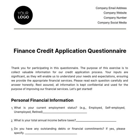 Free Finance Credit Application Questionnaire Template To Edit Online