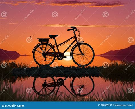 Silhouette Bicycle On Sunset In A Beautiful View Lifestyle Stock