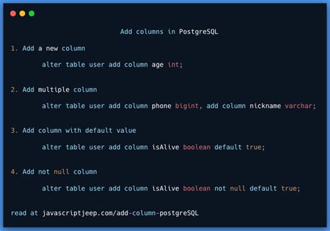 Add new columns to table in PostgreSQL | by Javascript Jeep🚙💨 | JavaScript_Dots | Medium