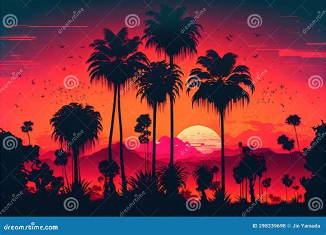 Tropical Sunset With Palm Trees Silhouettes Vector Illustration Stock