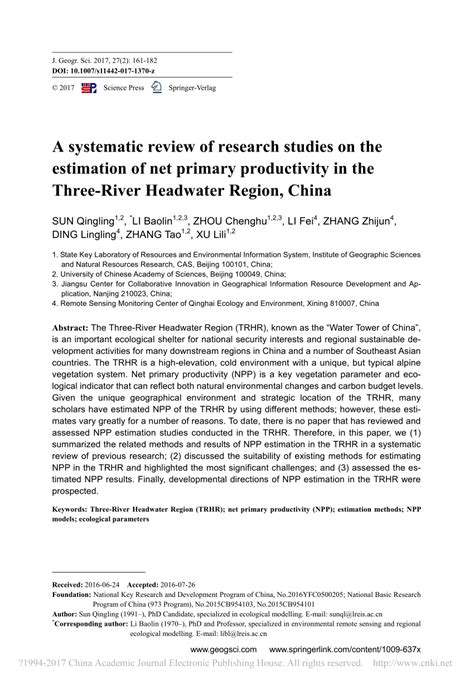 Pdf Review On The Estimation Of Net Primary Productivity Of Vegetation In The Three River