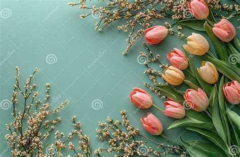 Colorful Tulips And Delicate Flowers Arranged Beautifully On A Teal