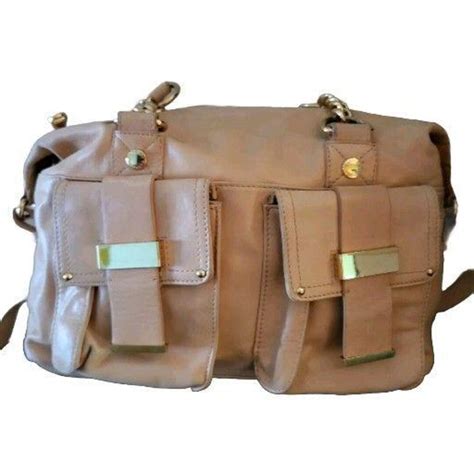 Badgley Mischka Beige Tan Leather Gold Chain Hardware Satchel Shoulder
