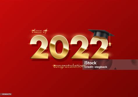 2022 졸업식 배너 학술 모자 황금 숫자 및 빨간색 배경에 텍스트가있는 수상 개념 졸업식에 대한 스톡 벡터 아트 및 기타