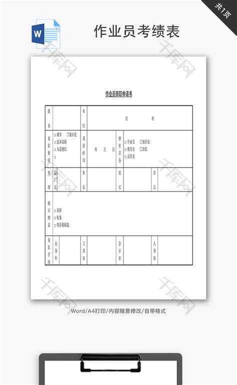 作业员考绩表Word文档 千库网 wordID64859