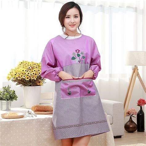 Women Restaurant Home Kitchen Aprons Flower Printed Pocket Cooking