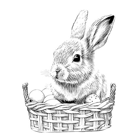Süßer Osterhase in einem Korb mit Eiern handgezeichnete Skizze Vektorillustration Premium KI