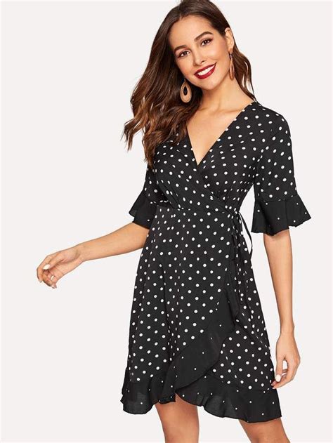 Shein Ruffle Trim Polka Dot Surplice Wrap Dress Surplice Wrap Dress