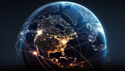 Connections Around Planet Earth Viewed From Space At Night Cities Connected Around The Globe By