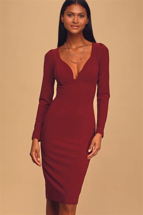 Burgundy Midi Dress Long Sleeve Dress Sexy Midi Dress Lulus