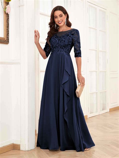 Malia Trendy Illusion Half Sleeves Appliques Chiffon Mother Of The Bri