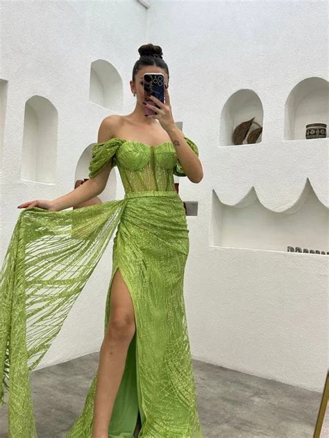 Sexy Green Mermaid Off Shoulder Side Slit Maxi Long Party Prom Dresses