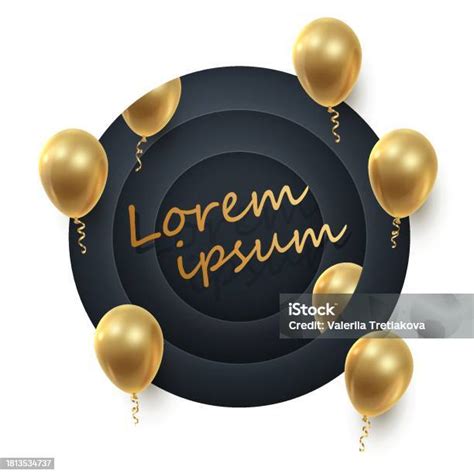 포스터는 사실적인 황금 풍선 리본 구불구불하고 검은 종이 원형을 잘라냅니다 카드 파티 디자인 전단지 포스터 장식 배너 웹 광고에