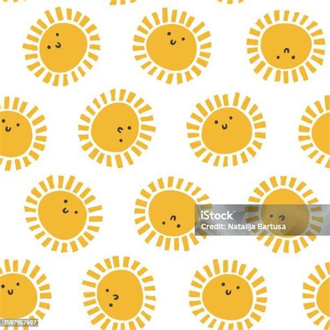 귀여운 미소 짓는 노란색 태양 원활한 패턴입니다 유치한 재미있는 여름 벡터 그림입니다 낙서 스타일의 반복 가능한 맑은 질감 패브릭 종이 디자인 베이비 패션 디자인 0명에
