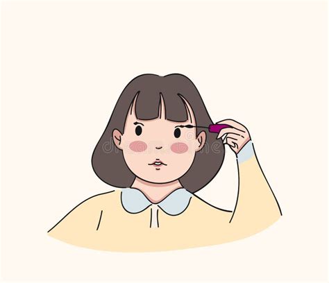 Cute Girl Doing Make Up Using Mascara Beauty Hand Drawn Vector