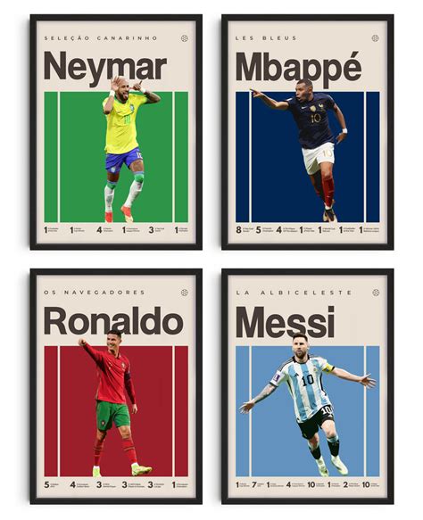 Football Poster Bundle Set Of 4 Messi Mbappe Ronaldo Neymar
