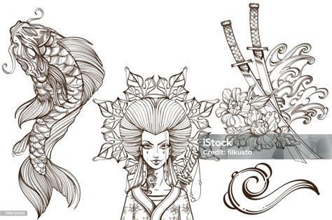 Gambar Kontur Wanita Asia Dalam Kimono Gadis Samurai Di Latar Belakang