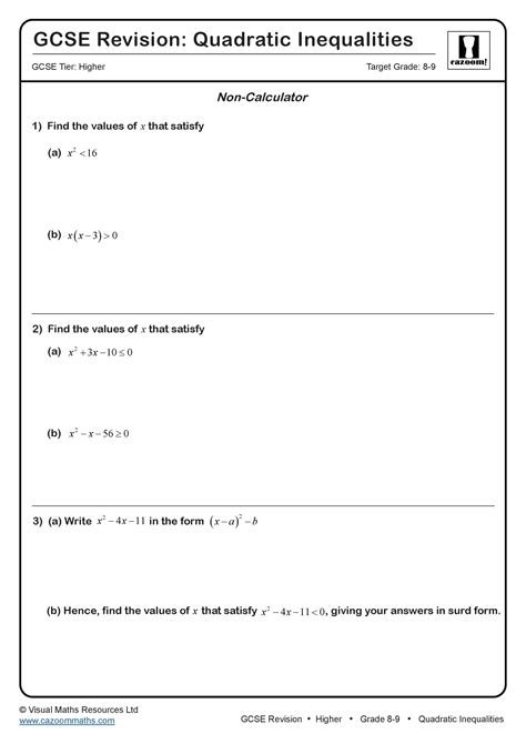 Quadratic Inequalities Gcse Questions Gcse Revision Questions