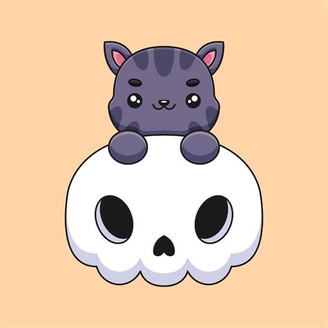 귀여운 해골 고양이 할로윈 만화 마스코트 낙서 예술 손으로 그린 개념 벡터 귀여운 아이콘 그림 프리미엄 벡터