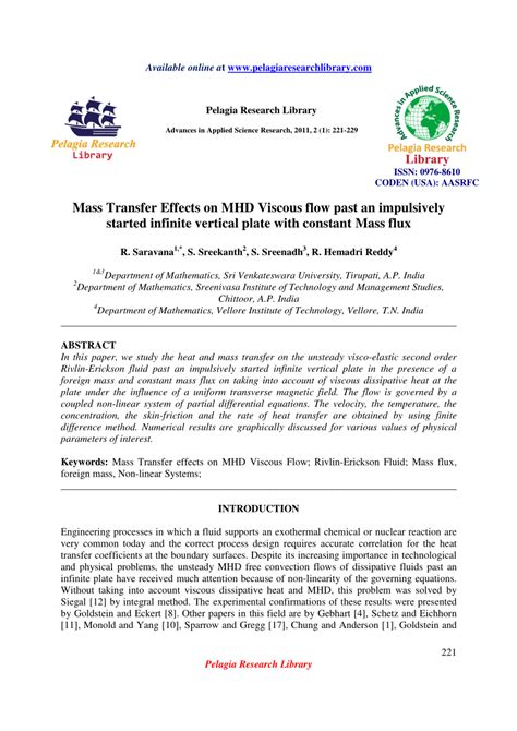 Pdf Mass Transfer Effects On Mhd Viscous Flow Past An Impulsively Started Infinite Vertical