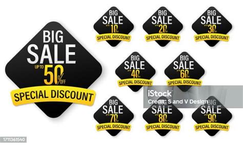 할인 레이블 벡터 일러스트레이션 10 20 30 40 50 60 70 80 90의 집합 소매 통관 특별 제안 태그 스티커 플랫에서 광고 캠페인을 위한 프로모션 번호 디자인