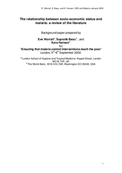 Pdf The Relationship Between Socioeconomic Status And Malaria A