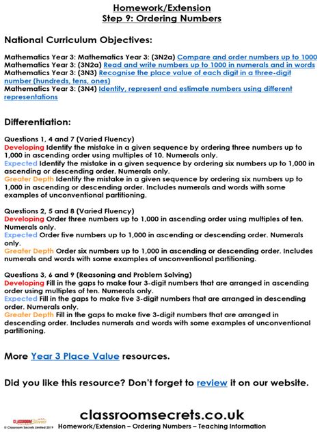 Year 3 Autumn Block 1 Step 9 Hw Ext Ordering Numbers Pdf Mathematics
