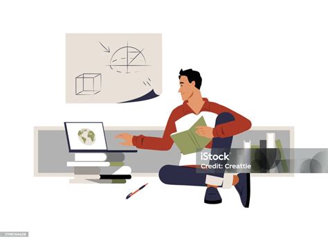 노트북과 책으로 공부하는 남학생은 온라인 학습 자가 학습 및 디지털 교육을 상징하는 평면 벡터 일러스트 레이 션으로 흰색 배경에 고립되어 있습니다 개념에 대한 스톡 벡터