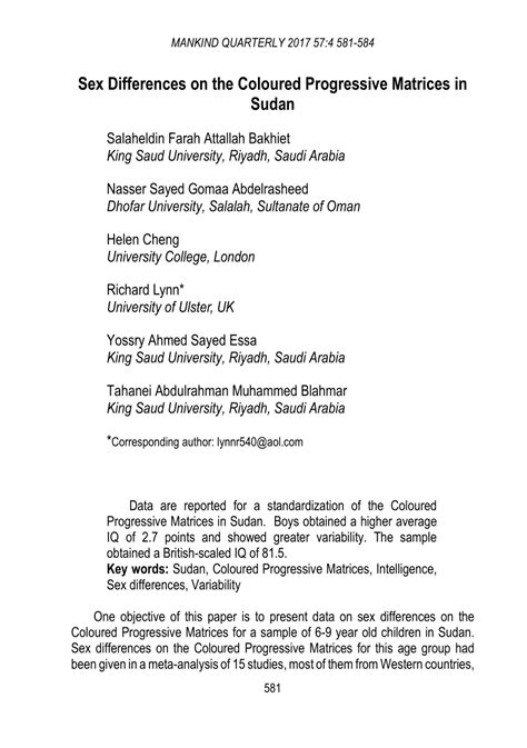 Pdf Sex Differences On The Coloured Progressive Matrices In Sudan