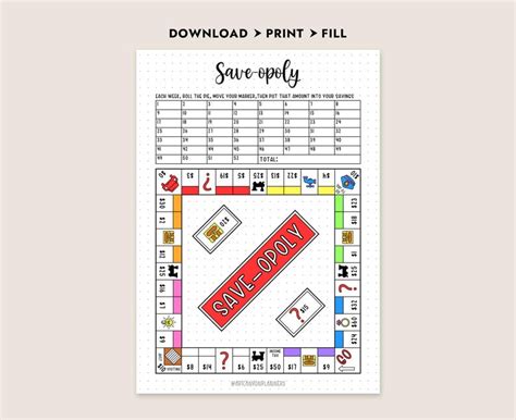 Save Opoly Printable Savings Challenge Game Fun Money Saving Tracker A4 A5 Letter Pdf Instant