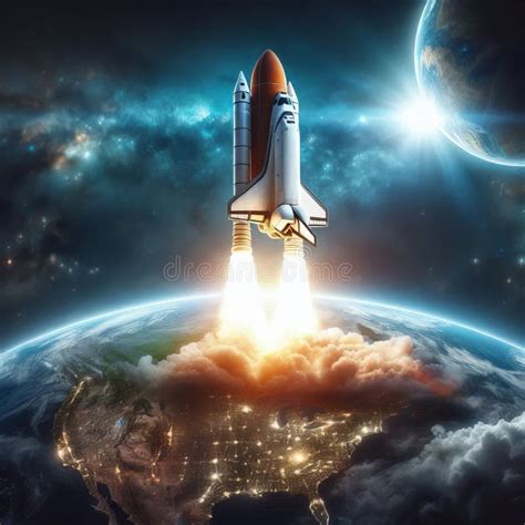 A Space Shuttle Launching Into Orbit Escaping Earth S Gravitatio Stock