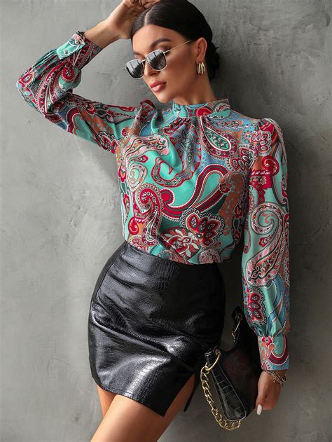 Shein Lune Paisley Print Mock Neck Blouse Shein Usa