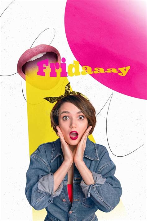 Collage Pinup Pop Retro Image Of Excited Impressed Lady Listening Black