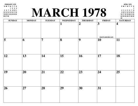 MARCH 1978 CALENDAR OF THE MONTH FREE PRINTABLE MARCH CALENDAR OF THE