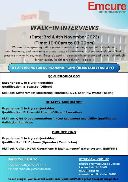 Emcure Pharmaceuticals Walk In Interviews For QC Micro QA Engineering