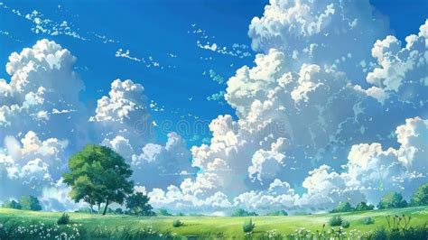 Anime Style Illustration Dramatic Sky With Clouds Landscape Scene