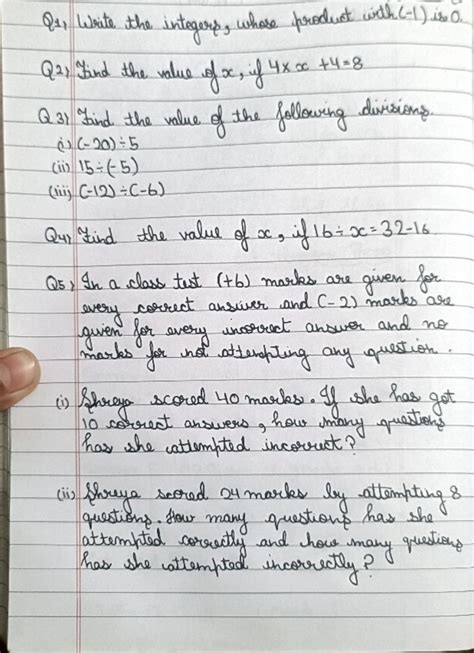 Q1 Write The Integers Whose Product With −1 Is 0 Q2 Find The Value